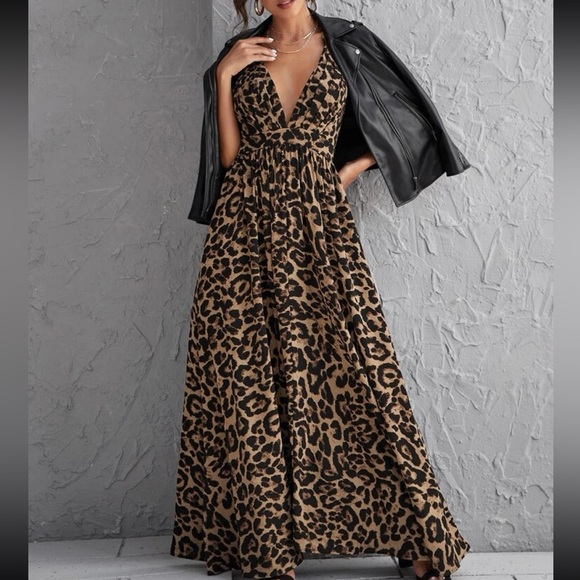 Dresses | Boho Criss Cross Backless Open Back Leopard Print Long Maxi ...